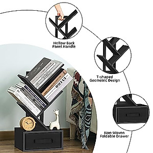 SHEEPAM Small Book Shelf with Drawer,4 Tier Black Tree Bookshelf,Wooden Desktop Bookcase,Modern Desk Display Storage Bookshelves,Floor Standing Organizer Bookcases for Living Room,Bedroom,Office