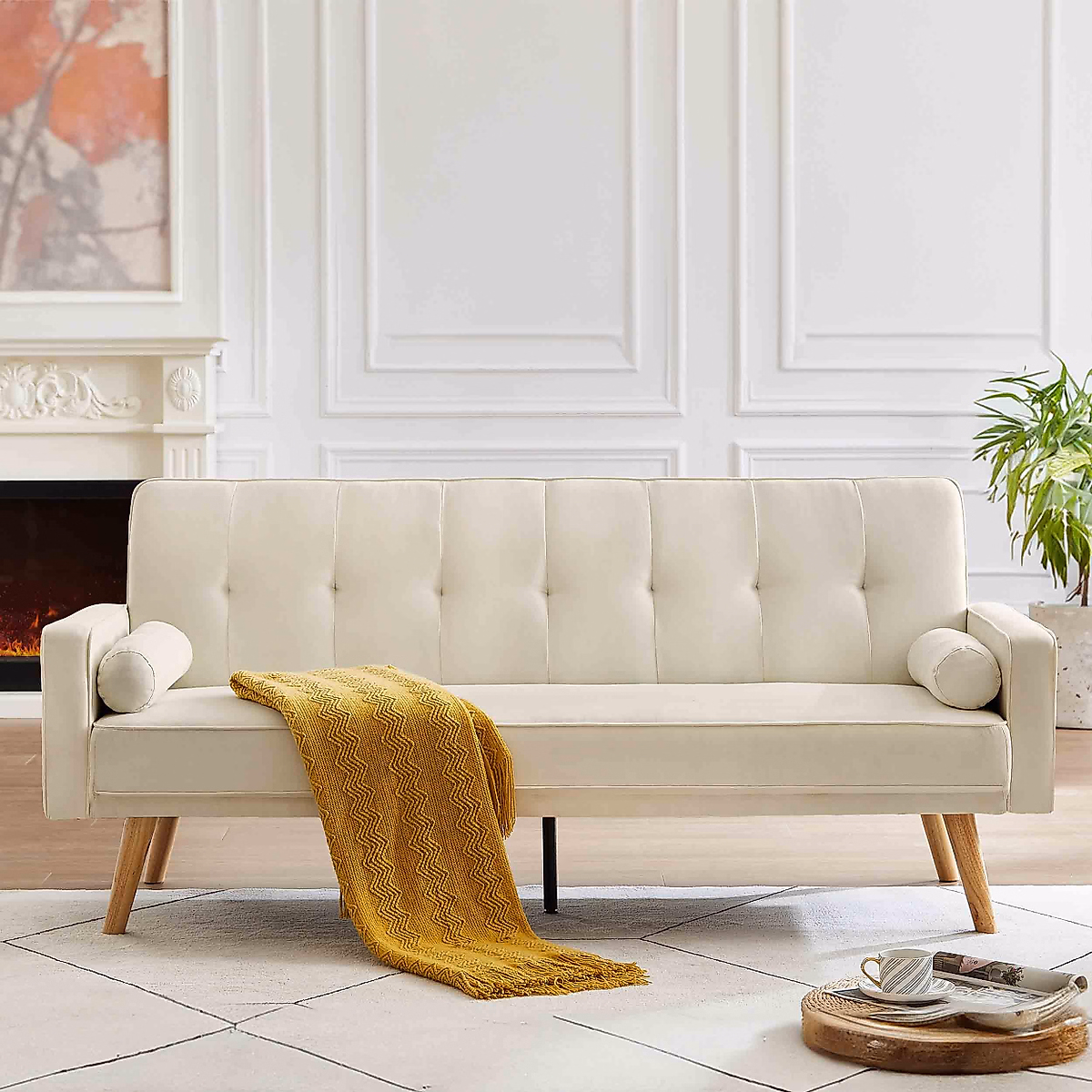 Mdhitsox 72” Modern Futon Sofa Bed, Convertible Linen Sleeper Couch with Wood Legs and 2 Pillows, Folding Upholstered Love Seat, Memory Foam Accent Sectional Sofa for Home Office,Studio,Beige