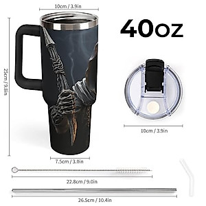 LLUTSNTH 40 Oz Vacuum Tumbler with Black Handle Leakproof Insulated Tumbler Grim-Reaper Stainless Steel Travel Mug with Lid And Straw Coffee Cup Cute Water Bottles Cup Holder Friendly