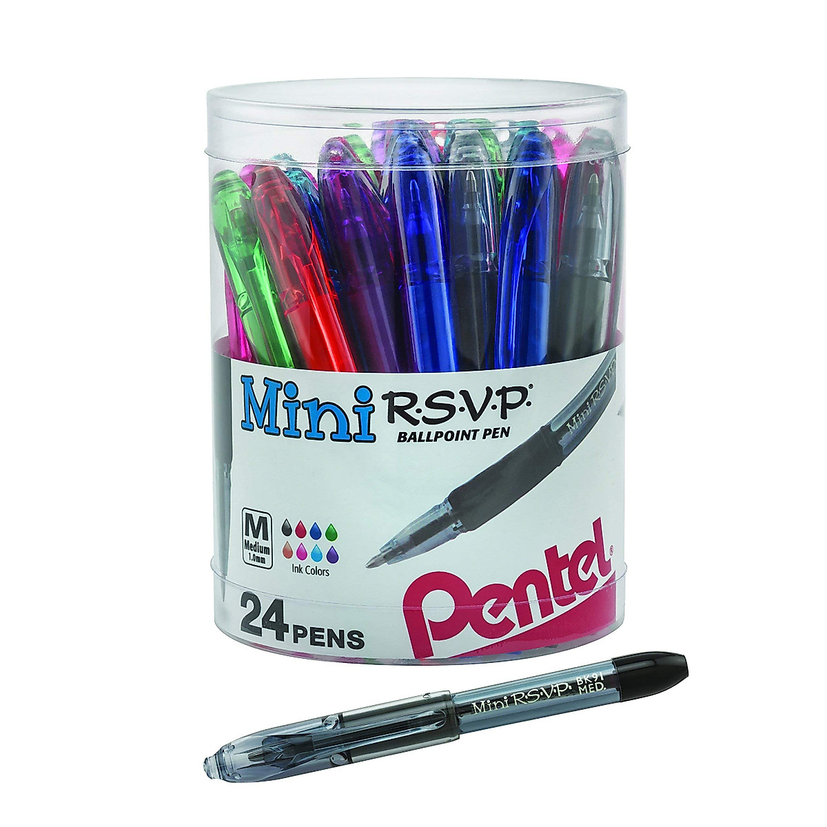 Pentel RSVP Mini Ballpoint Pen, (1.0mm) Medium Line, 24-Assorted Ink in Clear Cylinder Pack (BK91MN24M)