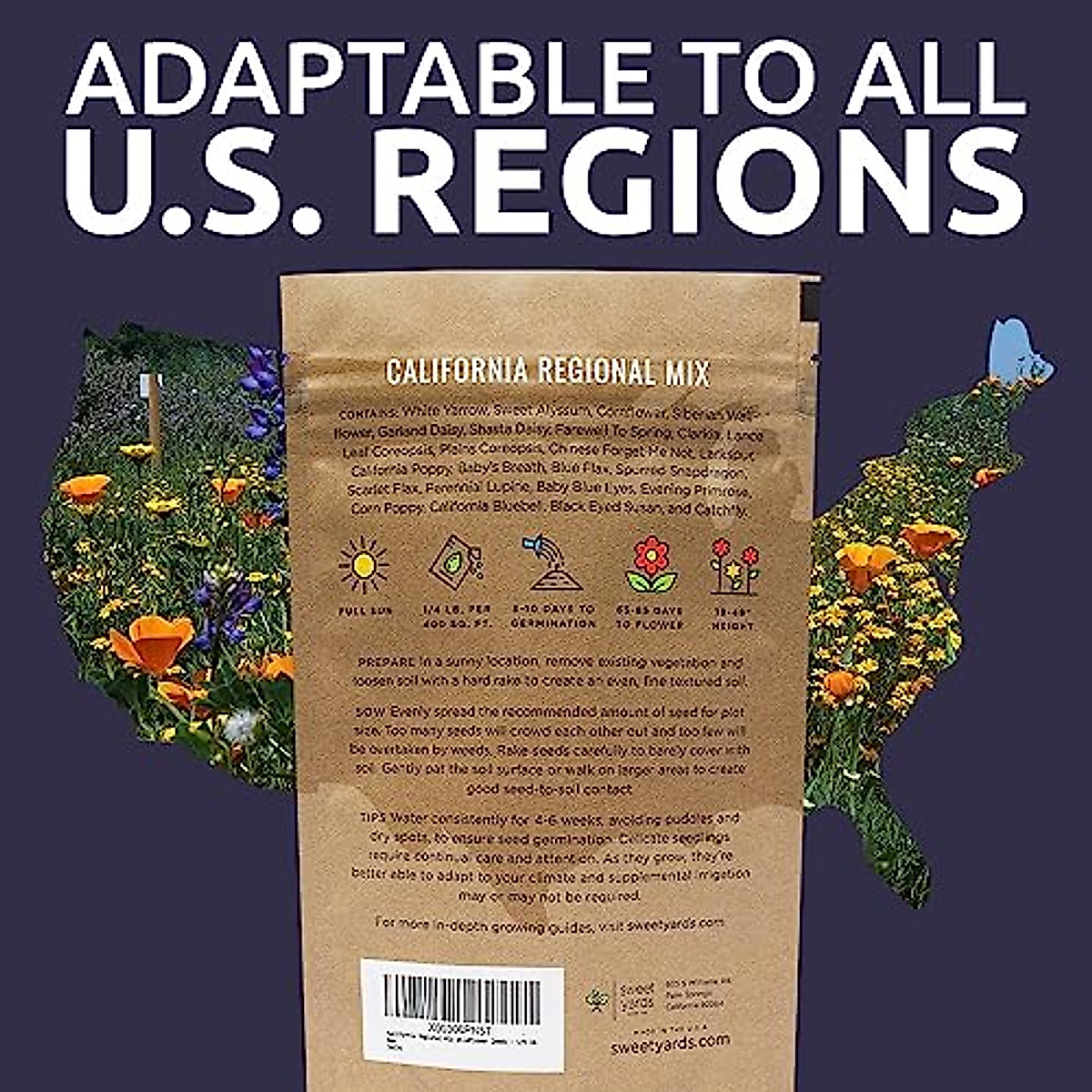 California Wildflower Mixture - Bulk 1/4 Pound Bag - Over 30,000 Native Seeds - Open Pollinated and Non GMO