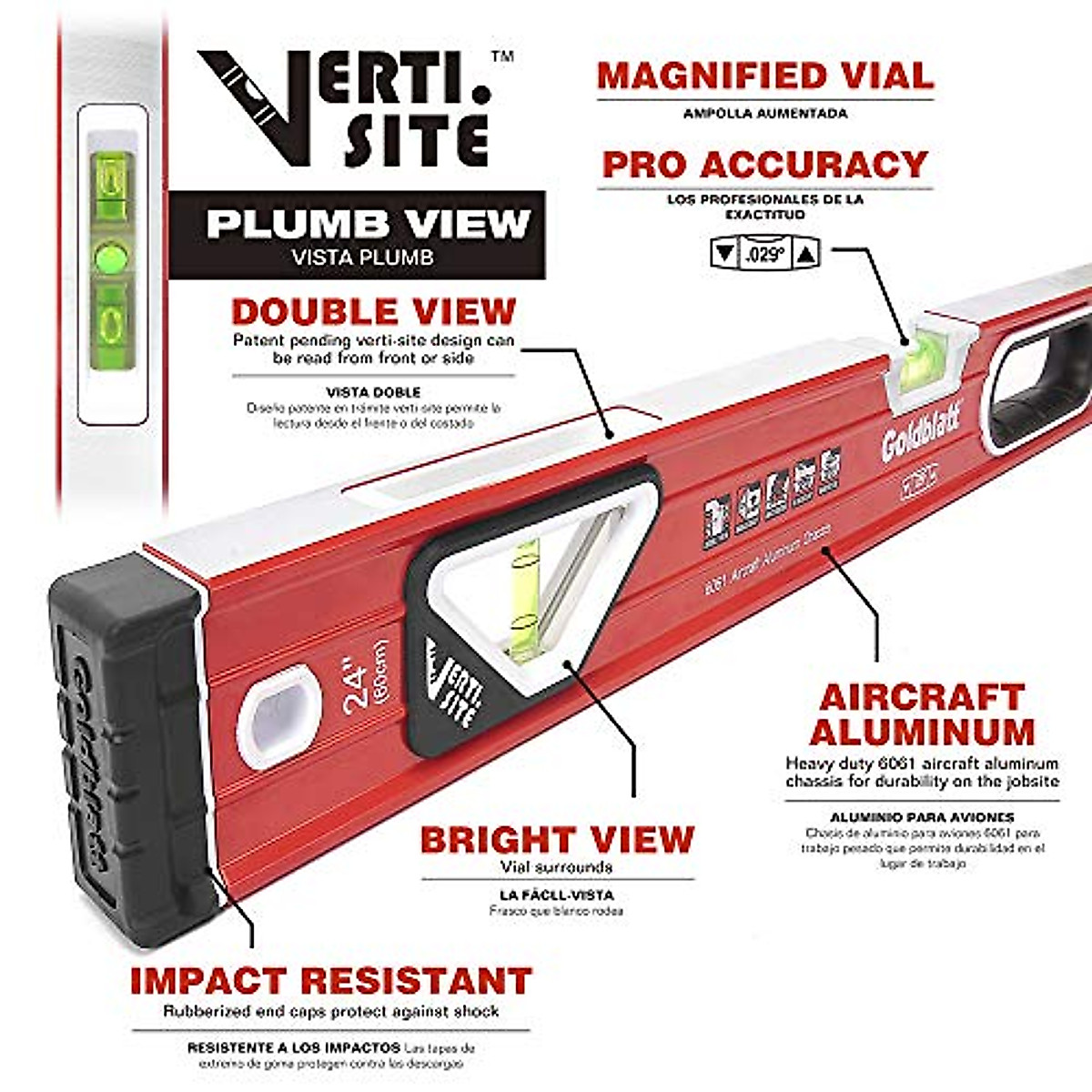 Goldblatt 3-Piece Torpedo Level Set - 9", 24", 48" Spirit Level Included, Aluminum Alloy Construction