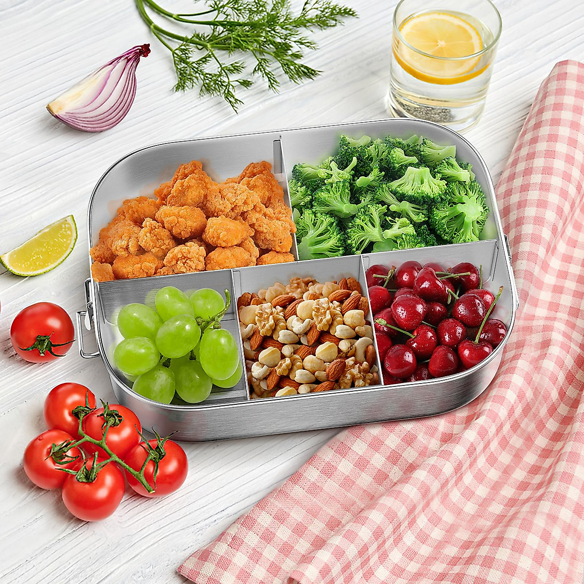 NUTUNI 47oz/1400ML Stainless Steel Lunch Box, 5 Compartments Bentobox for Kids or Adults, Metal Bento Box with Lockable Clips, Leakproof Food Storage Container for Work Lunch