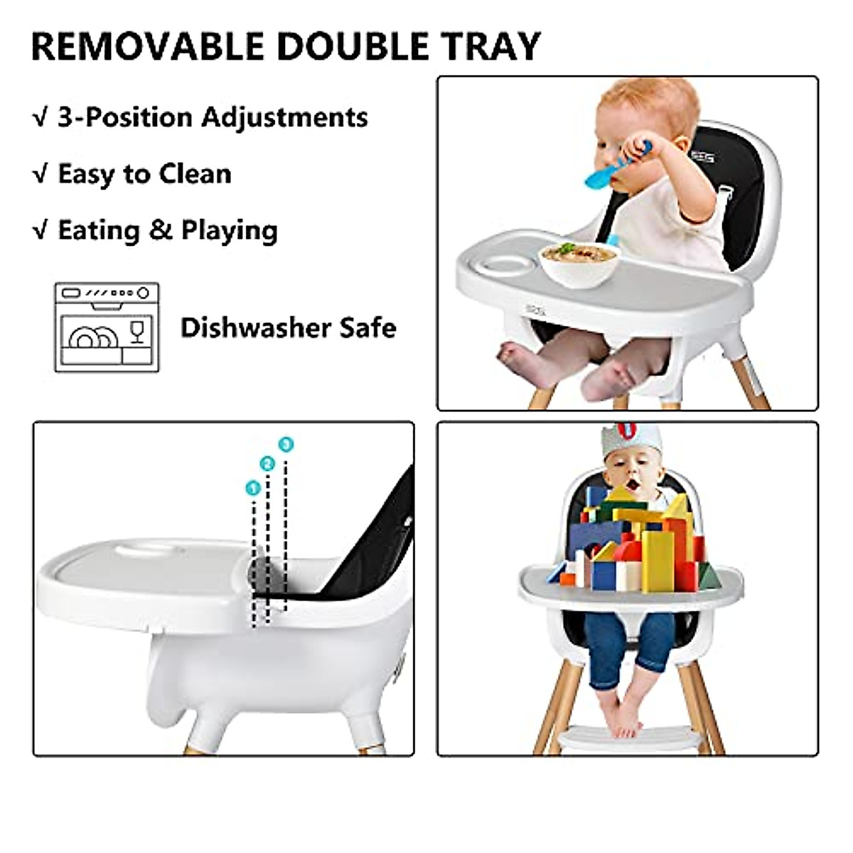 Kinder King 3 in 1 Convertible Baby High Chair, Wooden Highchair w/Double Removable Tray, Infant Feeding Chair-Toddler Chair, Adjustable Legs, Detachable Footrest & PU Cushion, 5-Point Harness, Black