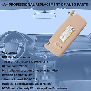 Dasbecan Beige Left Driver Side Sun Visor with Light Compatible with Honda Accord 2008 2009 2010 2011 2012 Replaces# 83280-TA5-A51ZA 83280TA5A51ZA