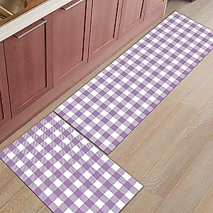 Kitchen Rugs, Purple and White Buffalo Check Plaid Gingham Farmhouse Decoration Non Slip Runner Rug Mat for Floor, Kitchen, Bedside, Sink, Office, Laundry, Set of 2