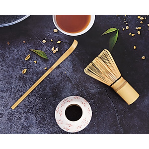 Amberr Matcha Whisk Set 3 pcs-Handmade Bamboo Whisk and Holder, Tea Scoop (Matcha Stirrer 100 Prong)- Traditional Japanese Matcha Kit, Ceramic Whisk Holder for Japanese Tea Ceremony