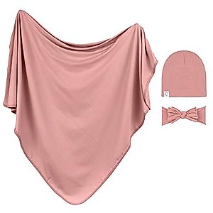 Ely’s & Co. Jersey Swaddle Blanket, Baby Beanie Hat and Bow Headband Set Jersey Cotton Set for Baby Girl – (Dusty Rose)