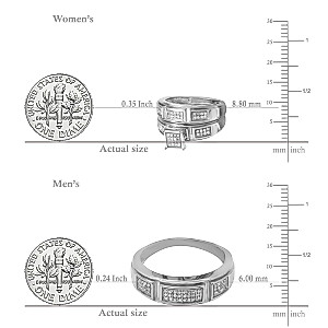 Dazzlingrock Collection 0.33 Carat (ctw) Round White Diamond Square Head Cluster Wedding Trio Ring Set for Him & Her in 925 Sterling Silver, Women size 6 & Men size 7.5