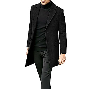 Men's Classic Single Breasted Peacoat Wool Blend Overcoat Winter Slim Fit Long Trench Coat Business Pea Jacket(Black,XXXL)