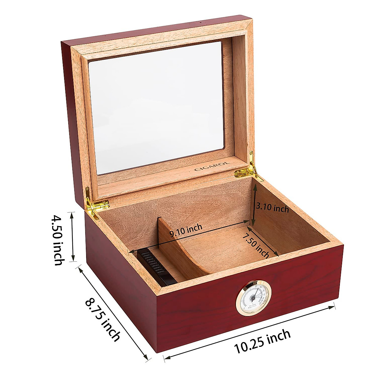 Somduy Cigar Humidor for 30-50 Cigars with Humidifier and Hygrometer,Desktop Cedar Wood Cigar Box Storage Case with Divider, Glass Top, Gift for Men,Reddish Brown