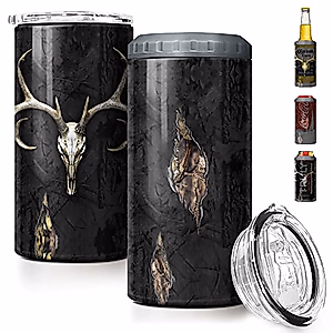 SANDJEST Hunting Tumbler Deer Skull Camouflage 4 in 1 16oz Tumbler Can Cooler Coozie Skinny Stainless Steel Tumbler Gift for Men Dad Best Friends Hunting Skull Lovers Christmas Birthday Fathers Day