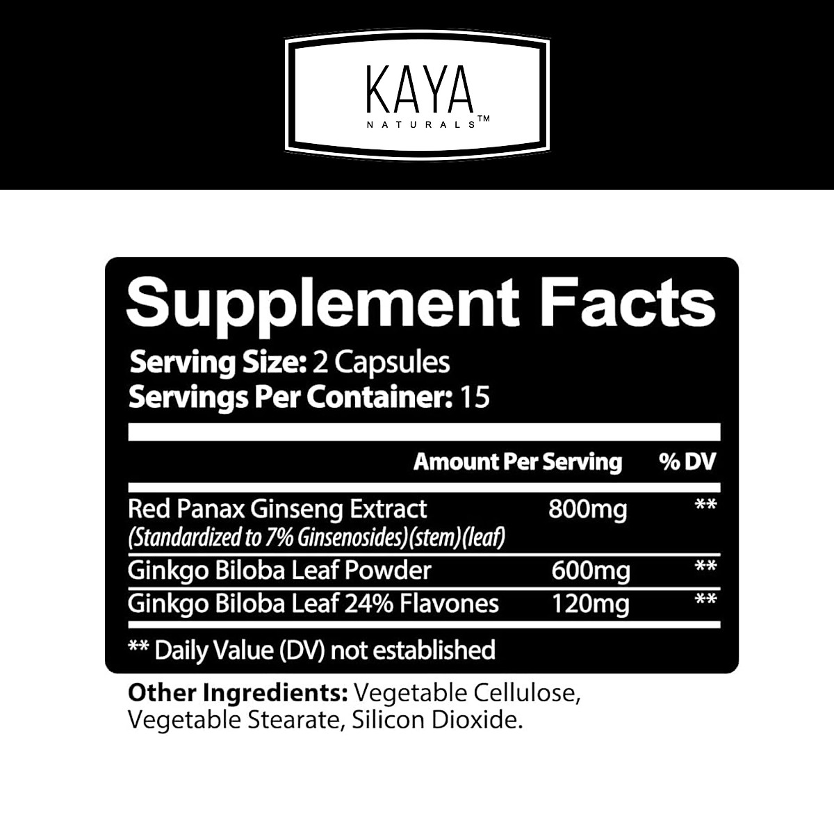 Kaya Naturals Red Panax Ginseng + Ginkgo Biloba | Nootropic Brain Supplement | Cognitive and Concentration Support | Brain Booster, Focus, and Memory Supplement | 30 Capsules