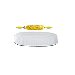 Friwer White Porcelain 9 Inch Corn Cob Tray, Set of 4 - with 8 Stainless Steel Soft Grip Corn Picks