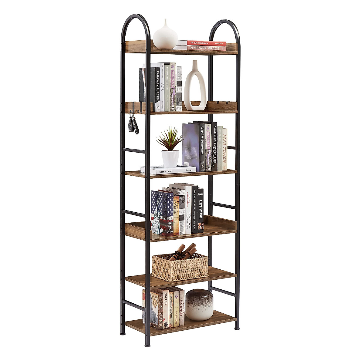 Petfu 70.8 Inch Bookshelf,Shelf,Shelves,Narrow Bookshelf,Bathroom Shelves,6-Tier Shelves with Round Top Frame,Adjustable Foot Pads,Living Room,Bathroom,Balcony,Kitchen,MDF,Brown