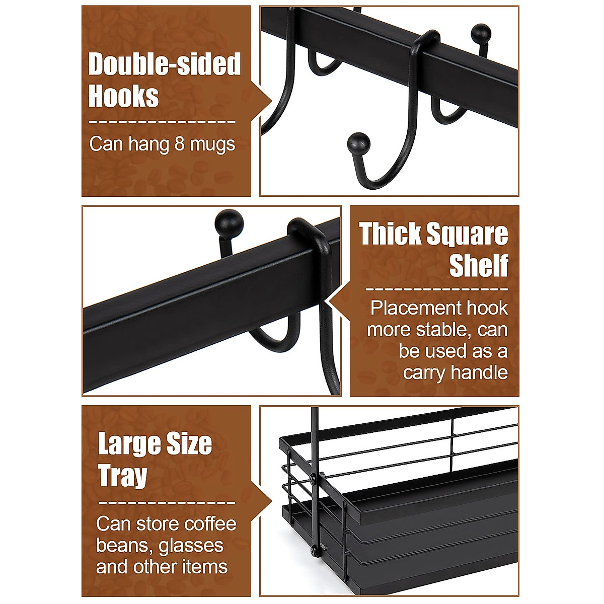 Biggun Coffee Mug Holder with Removable Hooks - Metal 8 Mugs Coffee Cup Holder Storage Organizer for Counter, Large Mug Display Rack Stand for Coffee Bar Kitchen Countertop