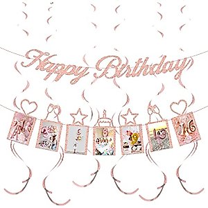 Concico Birthday decorations - Happy Birthday Photo banner and Hanging Swirls of Birthday party decor(Rose Gold)