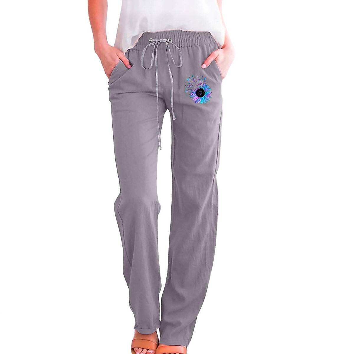 Elastic High Waist Linen Pants Loose Wide Leg Cargo Pants Crop Trouser with Pockets Summer Pants for Women 2023 Trendy Wide Leg Yoga Pants High Elastic Waistband Slit Plus OHD0630USSALE07833