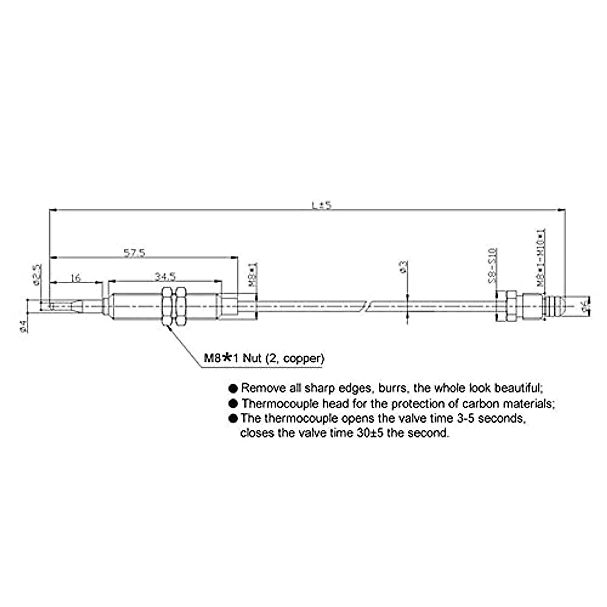Universal Gas Thermocouple 24" Length Used on BBQ Grill or Fire Pit Heater or Gas Water Heater M8x1 End Nut and Head Tip