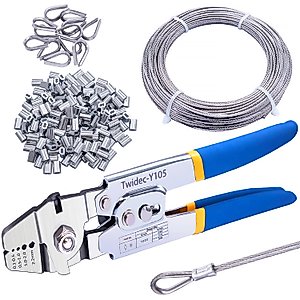 Twidec/Wire Rope Crimping Tool Up To 2.2mm Swaging Tool With 160PCS 1/16''Aluminum Crimping Loop Sleeve And 66FT 1/16'' 304 stainless steel Wire Rope 12PCS Wire Rope Thimbles Kit N-022-4K