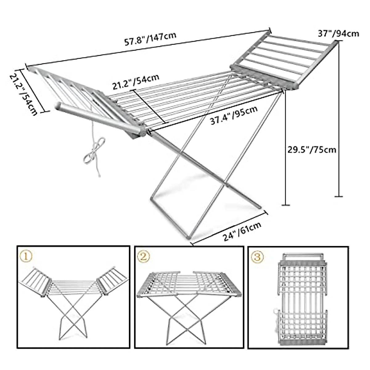tonchean Heated Drying Rack Folding Electric Clothes Drying Rack, Collapsible Laundry Drying Rack, Free-Standing Heating Garment Dryer Towel Rail Space Saving for Home Indoor/Outdoor