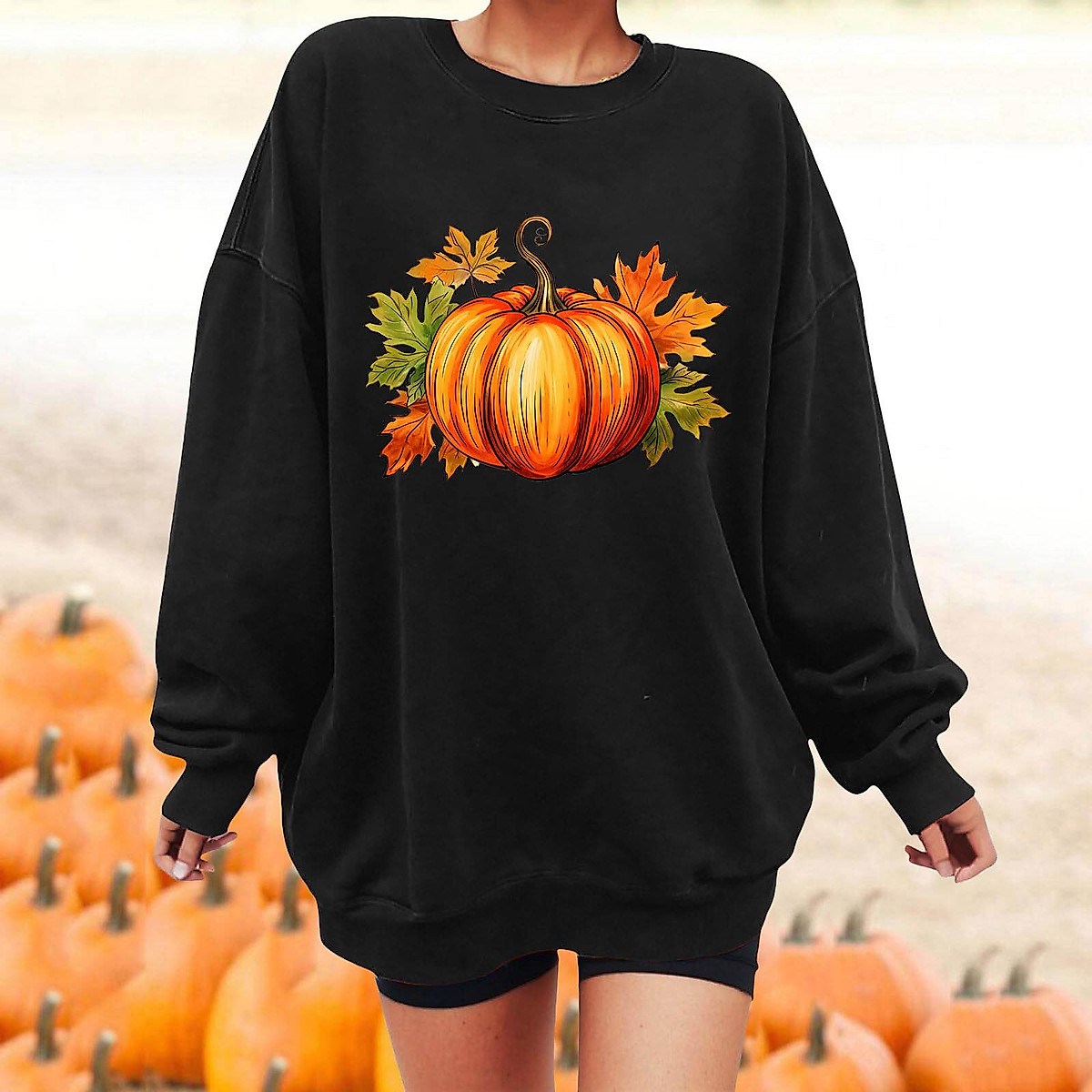 VQLTZQU Halloween Shirts for Women V Neck Crewneck Long Sleeve Casual Basic Pullover Top Pumpkin-Oversized Graphic (Black, XXL)