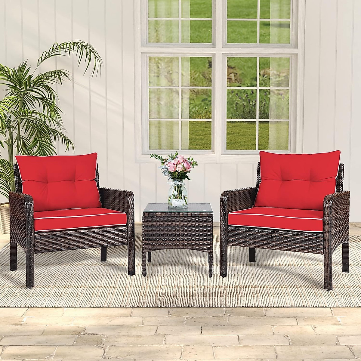 LDAILY Patio Furniture Set, 3 Pieces Outdoor Rattan Patio Chairs with Comfortable Cushion & Glass Tabletop, Outdoor Furniture Wicker Conversation Set for Porch, Balcony, Garden, Poolside (Red)