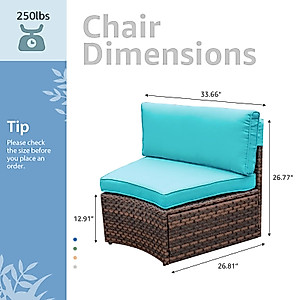 OC Orange-Casual 2-Piece Patio Armless Curved Sofa Seating Outdoor Wicker Half-Moon Sectional Chair with Turquoise Cushions
