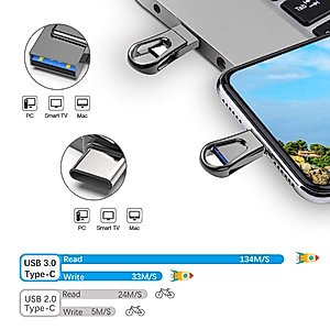 128GB USB C Flash Drive, 2-in-1 USB 3.0 Thumb Drive, Dual USB Memory Stick Pen Drive for Type-C Android Smartphones Tablets and New MacBook, Black