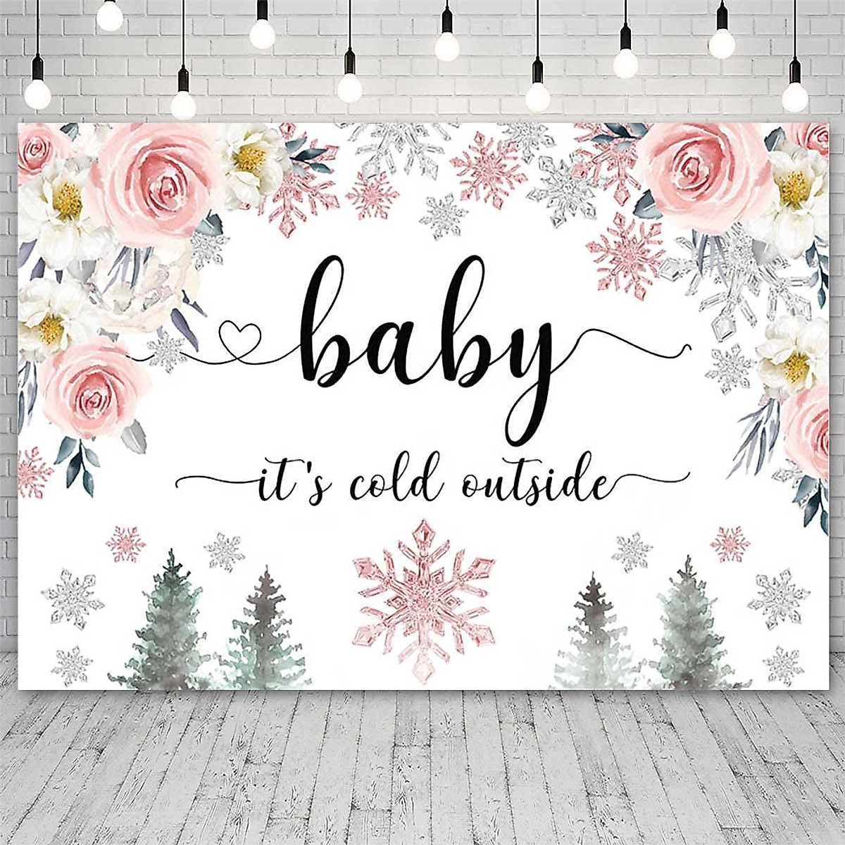 AIBIIN 7x5ft Baby It's Cold Outside Backdrop Christmas Winter Baby Shower Decorations for Girl Pink Flowers Silver Snowflakes Photography Background Banner Photo Props