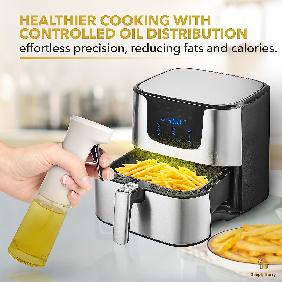 Simply Berry - Spray Magic: Ignite Culinary Creativity! Transform Your Cooking with this Delightful Oil Sprayer for Cooking, Air Fryer, Seasoning, Baking, Frying, BBQ. Glass Bottle Sprayer