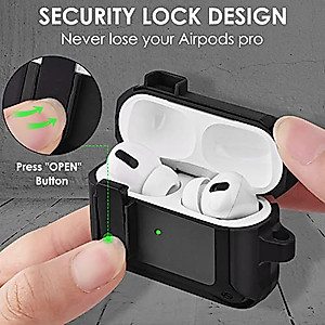 Filoto AirPods Pro Case, US Patent Secure Lock Shockproof Protective Apple Airpod Pro Cover Cool TPU Case for Air Pod Pro Wireless Charging Case with Carabiner Keychain Accessories (Black)