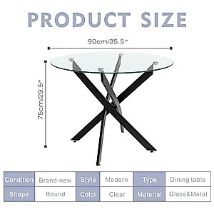 NIERN Round Tempered Glass Dining Table for 2-4 with Metal Legs, 35.5 in Modern Small Kitchen Table for Kitchen Dining Room (Black)