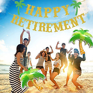 Beach Theme Retirement Party Decorations - Gold Glitter Happy Retirement Banner & Happy Retirement Cake Topper & Coconut Tree Balloons for Beach Theme Retirement Party Supplies Retired Gift Ideas
