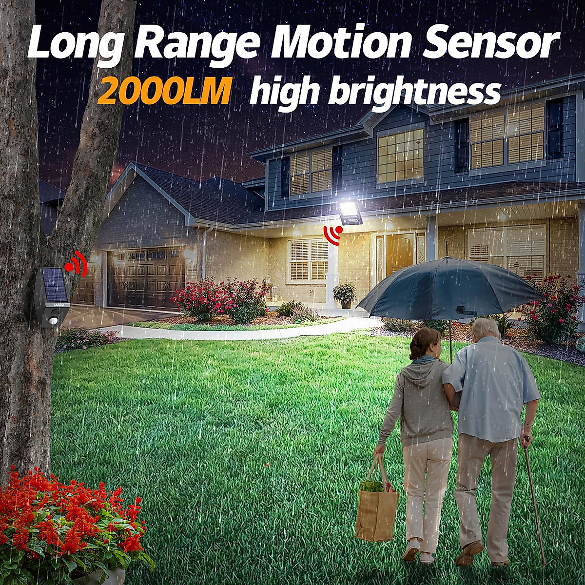 intelamp Solar Flood Lights Outdoor Motion Sensor,12000mAh 2000LM Solar Powered Motion Sensor Flood Light with Remote， Dusk to Dawn Solar Lights for Outside with 16.4Ft Cable IP65 Waterproof