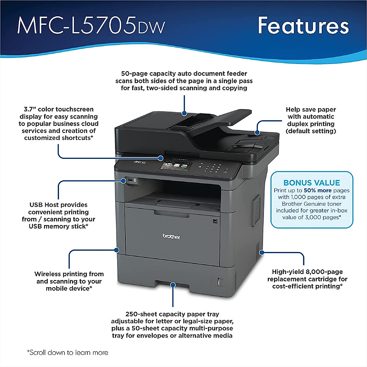 Brother MFC-L5705DW All-in-One Wireless Monochrome Laser Printer, Print Copy Scan Fax, Duplex (2-Sided), Ethernet, Hi-Speed USB 2.0, 42ppm, 1200x1200 dpi, 3.7" Touch LCD, Durlyfish