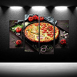 iKNOW FOTO Canvas Prints Wall Art 4 Panel Delicious Italian Pizza Served on Wooden Table Food Pictures Modern Home Decor Stretched Gallery Canvas Wraps Giclee Print for Kitchen Dinning Room Restaurant