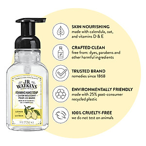 J.R. Watkins Foaming Hand Soap with Pump Dispenser, Moisturizing Foam Hand Wash, All Natural, Alcohol-Free, Cruelty-Free, USA Made, Lemon, 9 fl oz, 3 Pack