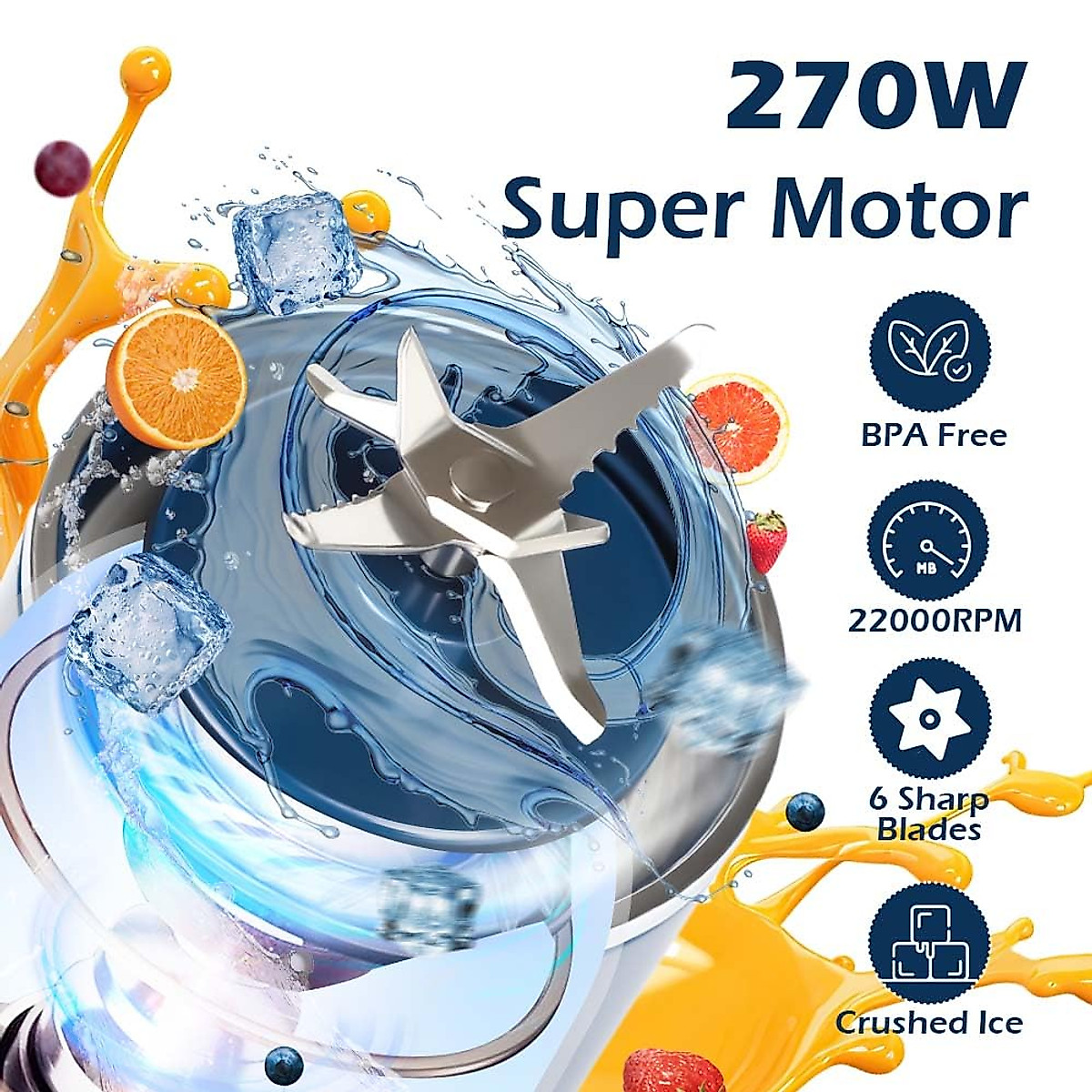 ALLSUN Portable Blender 270W Personal Blender for Shakes and Smoothies, 16 Oz Travel Cup with Lid and 6 Sharp Blades, 2400mAh USB-C Rechargeable Handheld Juicer Cup for Office/Kitchen/Gym/Outdoor