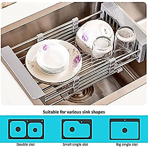 EJIE Expandable Sink Drying Rack, Dish Drying Rack Over The Sink, Kitchen Sink Drain Basket, Adjustable Expandable Stainless Dish Drying Rack, Gray