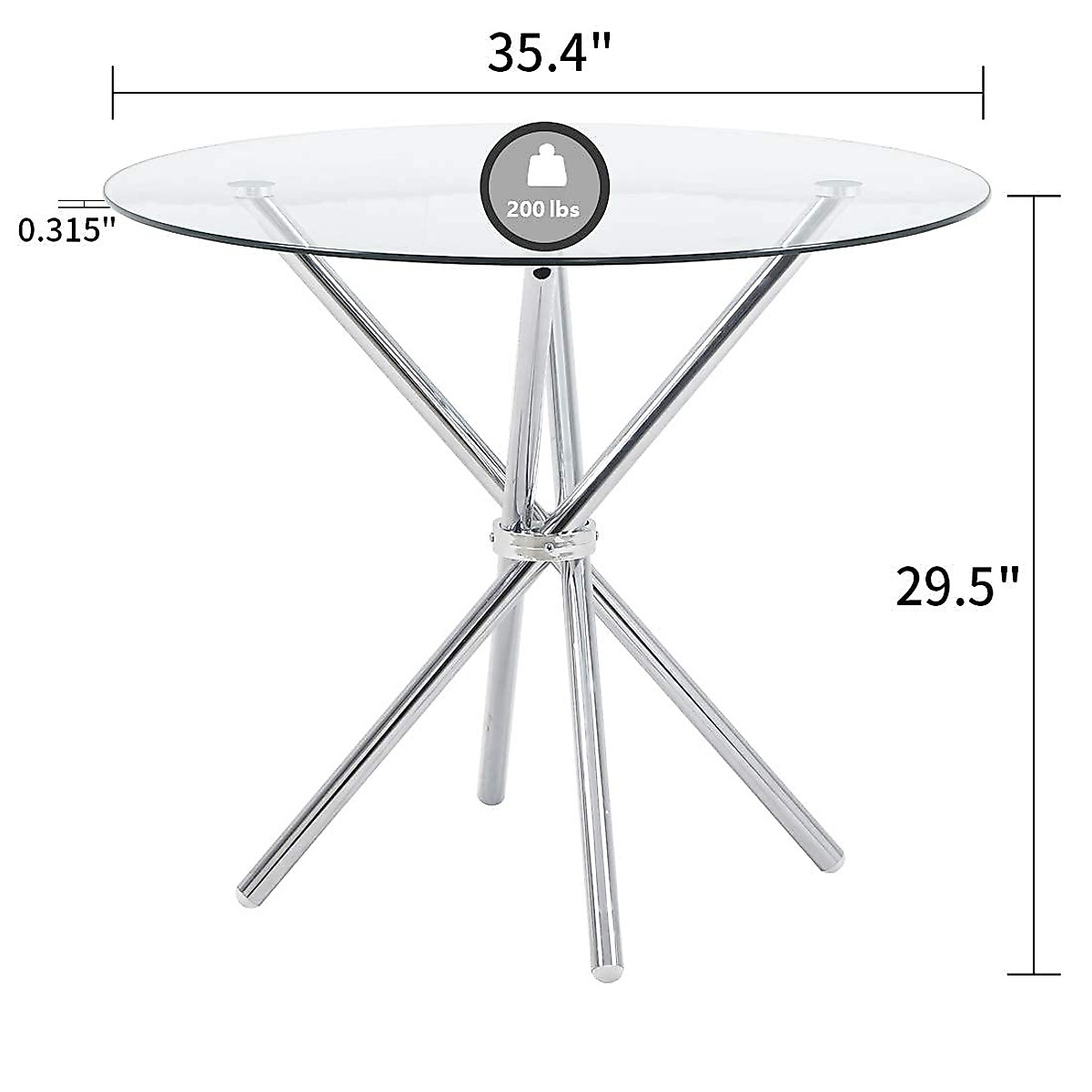 Modern Round Dining Table with Clear Tempered Glass Top, 4 Chrome Legs Kitchen Table for 2 or 4 Person,Round Dining Table Furniture for Home Office Kitchen Dining Room(W 35.4 x L 35.4 x H 29.5 inch)