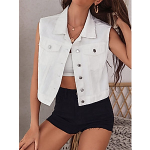 SweatyRocks Women's Sleeveless Button Down Ripped Jean Jacket Flap Pocket Crop Denim Vest Top White S