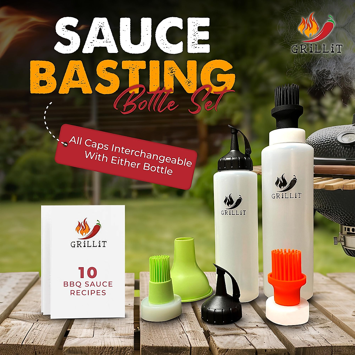 Sauce Basting Bottle Set for Grilling with 3 Silicone BBQ Basting Brush Caps & 2 Squeeze Caps - Squeeze Bottles for Sauces with Applicators, Storage Caps & Funnel - Condiment Sauce Dispenser