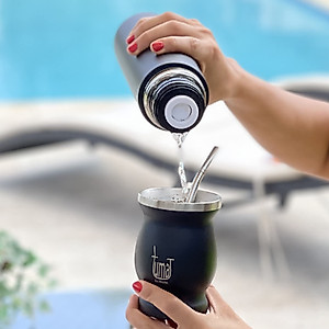 Complete Yerba Mate Kit - Includes Mate Cup, Straw (Bombilla), 750ml Thermos, Bag and two gifts (Container Yerbero and Car Immersion Heater) - Stainless Steel Yerba Mate Set (Black)