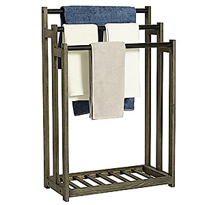 MyGift 3 Tier Matte Black Metal Bar Bath Towel Holder on Vintage Gray Solid Wood Frame Stand with Slatted Storage Shelf, Floor Standing Bathroom Drying Rack