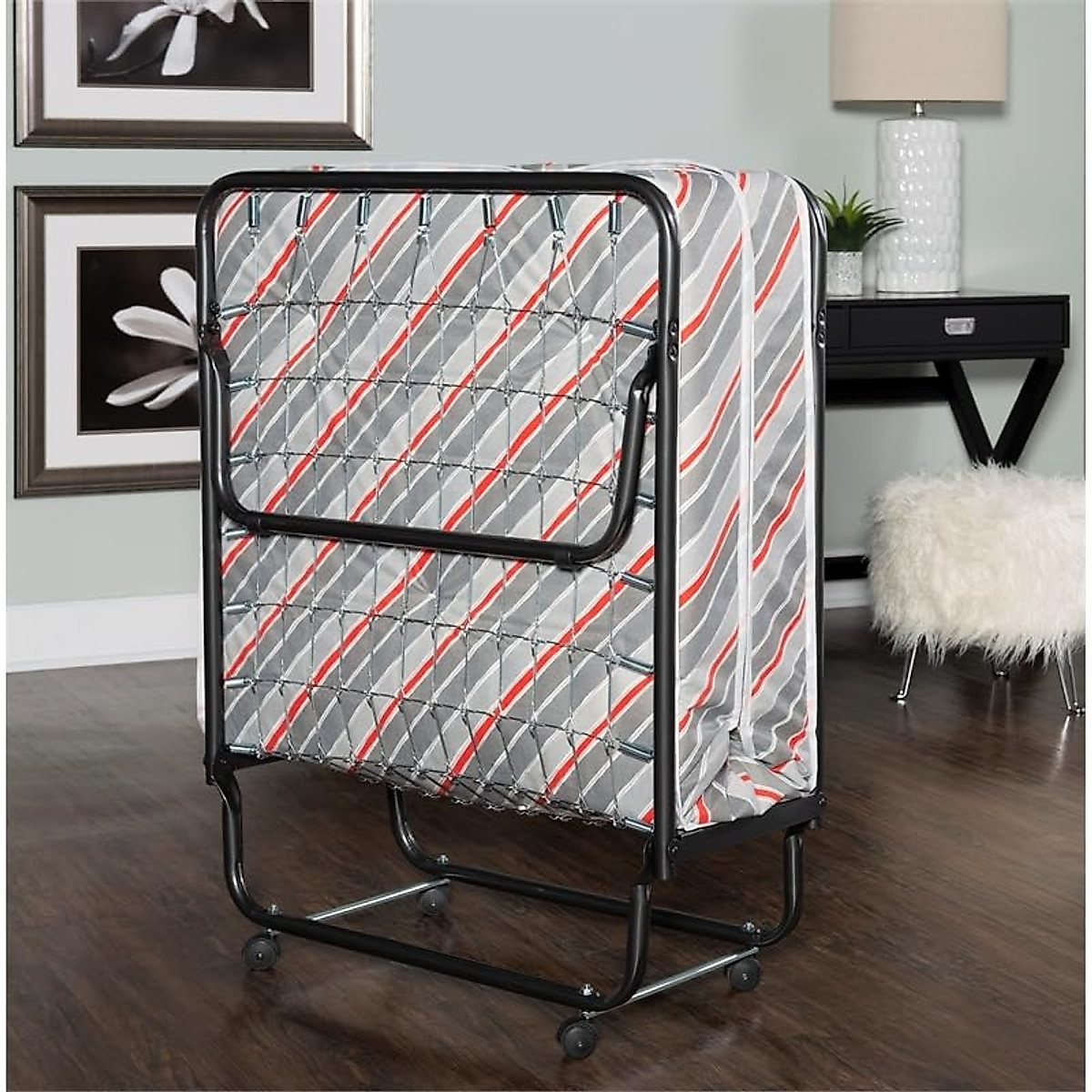 Pemberly Row Metal and Fabric Folding Bed in Gray with Memory Foam Mattress