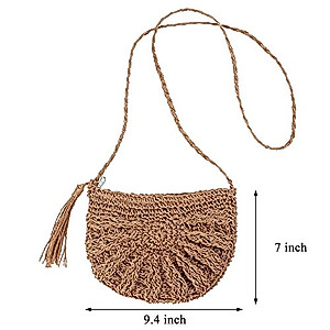 Ayliss Women Straw Crossbody Purse Beach Handmade Woven Shoulder Bag with Tassels (Half Round-Khaki)