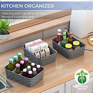 3 Pack Small Plastic Basket, Storage Bin Baskets for Organizing, Pantry Organizer Household Wicker Storage for Laundry Room, Bedrooms, Kitchens, Cabinets, Countertops, Dark Gray