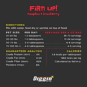 Diggin’ Your Dog Firm Up Pumpkin for Dogs & Cats with Cranberry, 100% Made in USA, Pumpkin Powder for Dogs, Digestive Support, Apple Pectin, Fiber, Healthy Stool, 4 oz