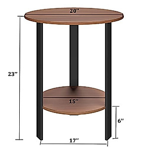 POINTANT Round End Table Round Side Table 20'' Brown Farmhouse End Table for Living Room Bedroom with 2-tire Storage Shelf Mid Century Modern End Table